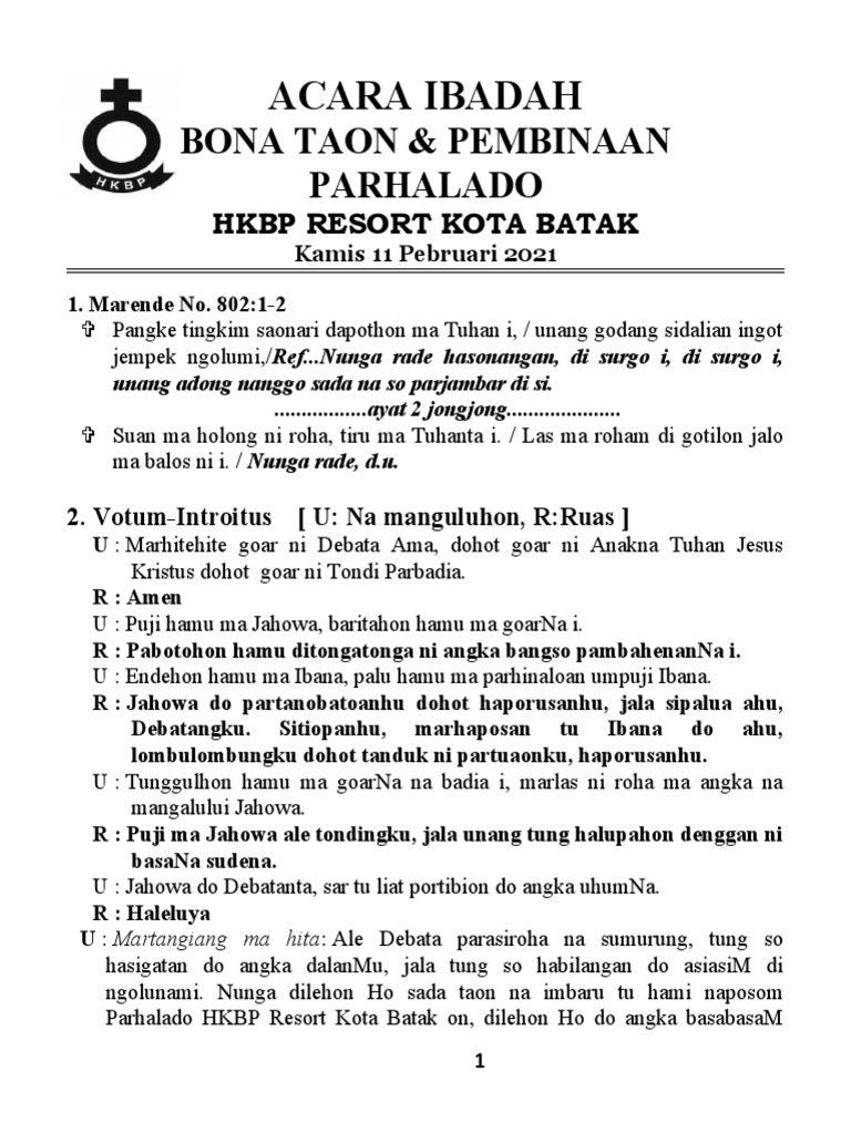 ACARA BONA TAON HKBP RESORT KOTA BATAK 2021 | PDF
