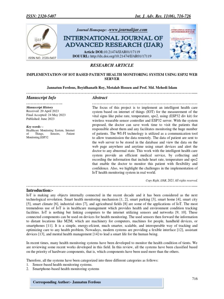 Implementation Of Iot Based Patient Health Monitoring System Using Esp32 Web Server Download