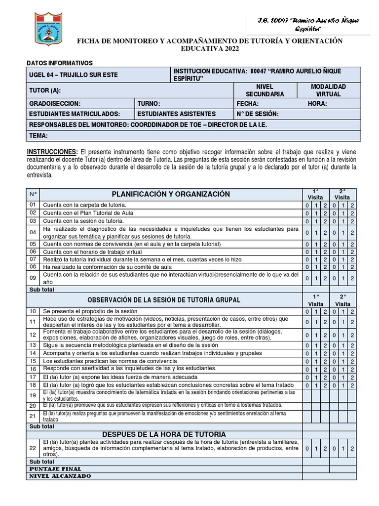 Ficha de Monitoreo y Acompañamiento de Tutoría 2022 | PDF