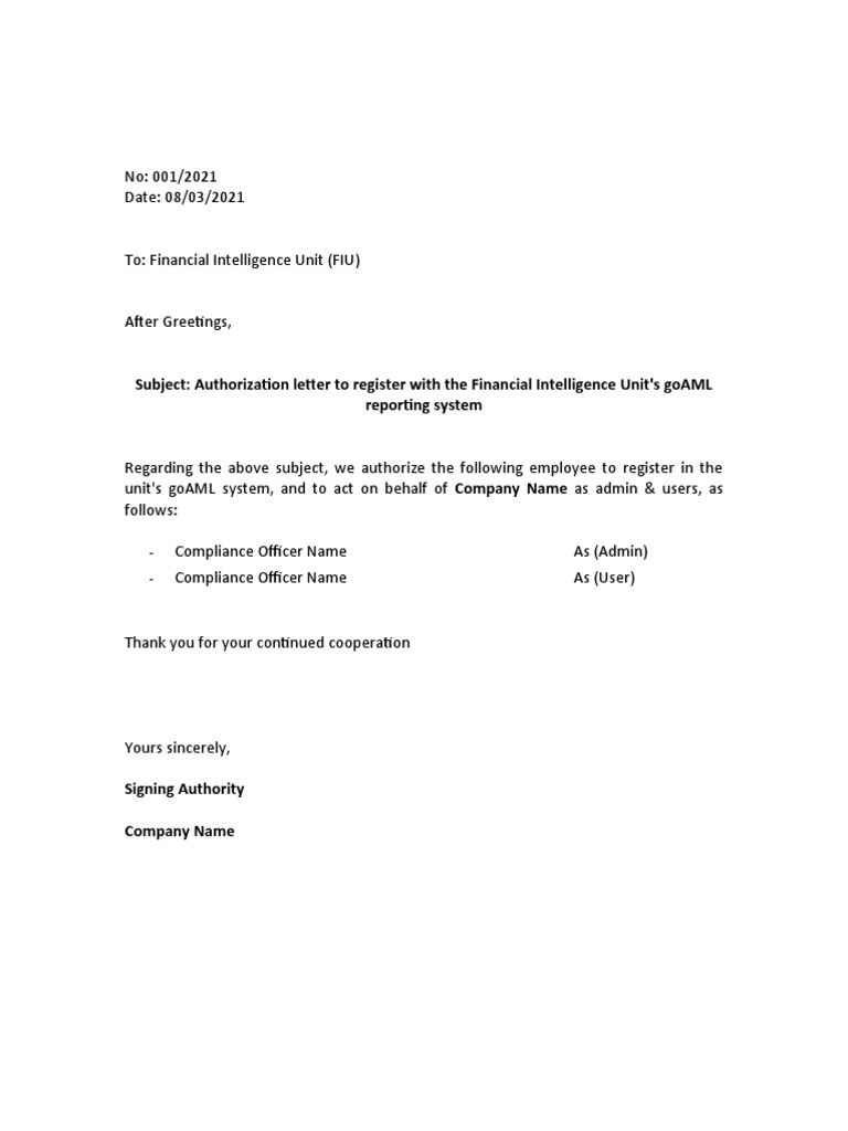 Authorization Letter GoAML | PDF