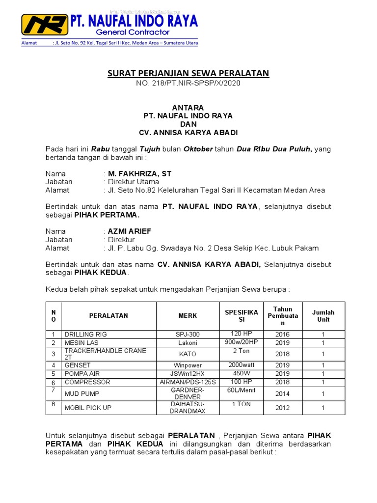 Surat Perjanjian Sewa Peralatan | PDF