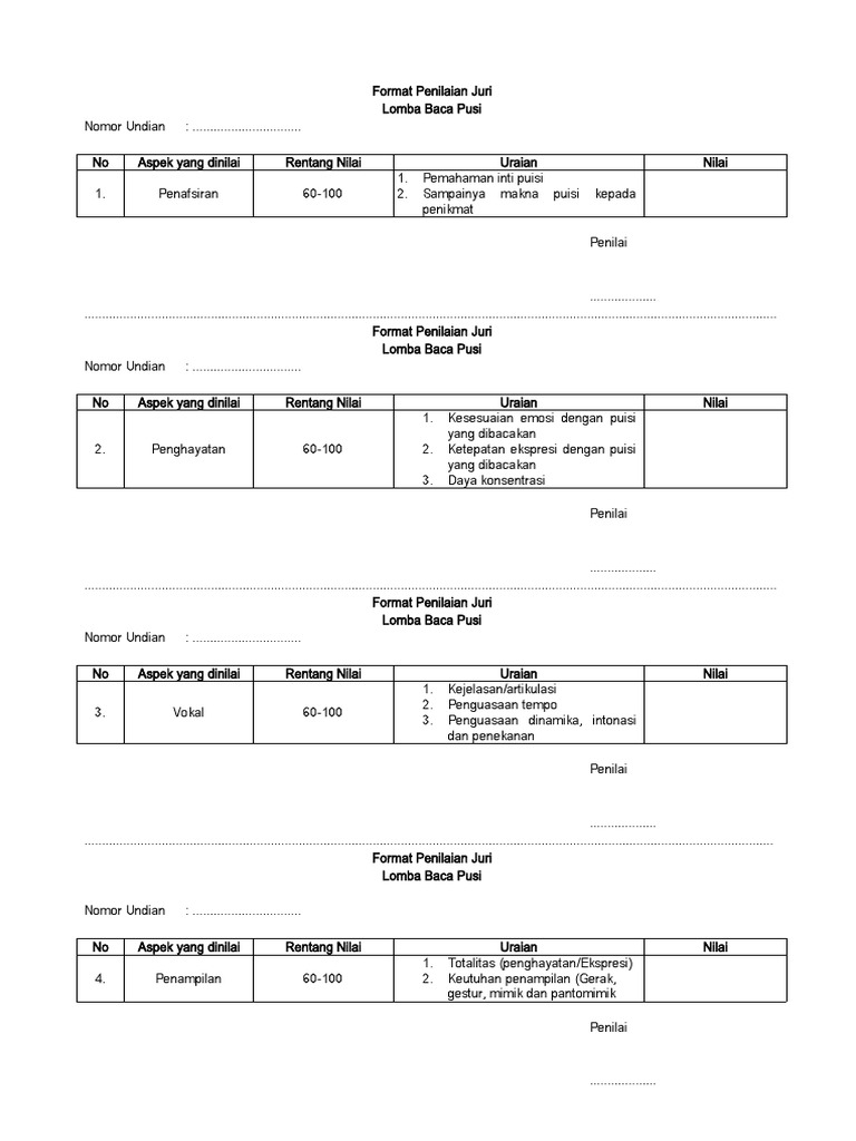 Format Penialaian Lomba Baca Puisi | PDF