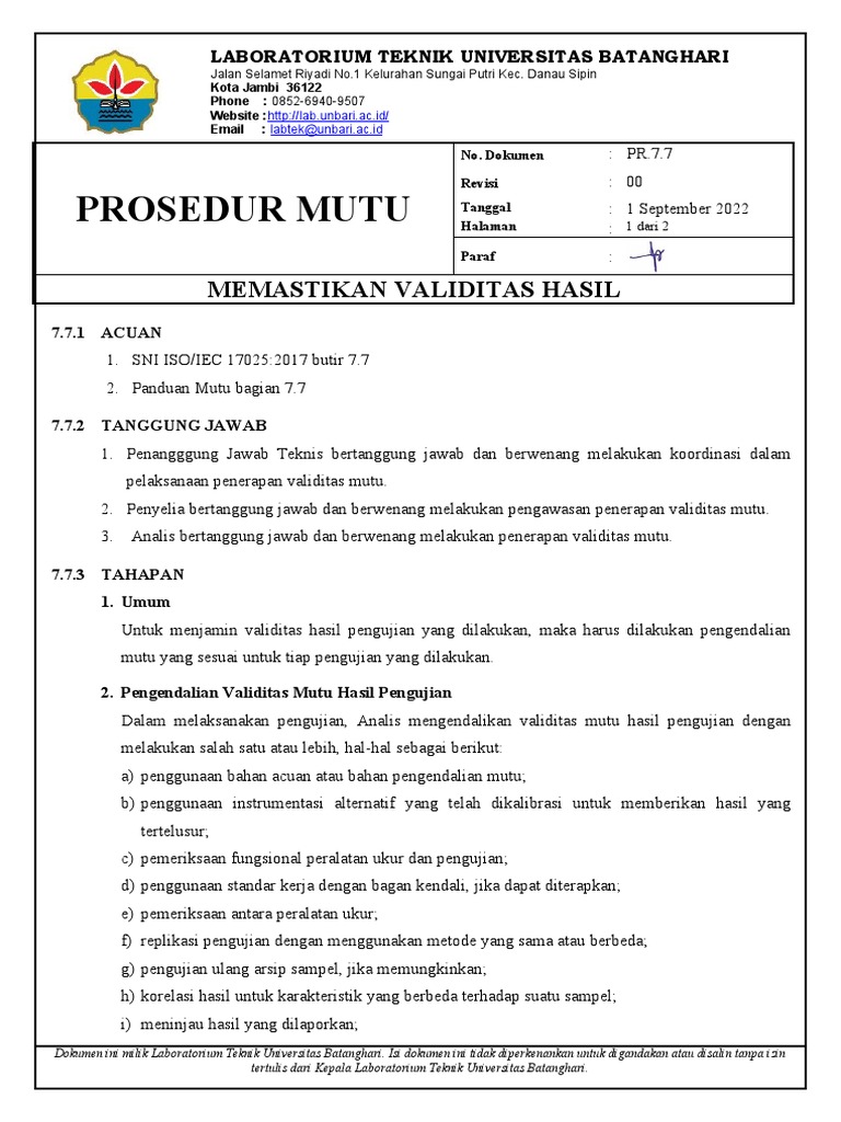 Prosedur Validitas Hasil Pengujian Lab UNBARI | PDF