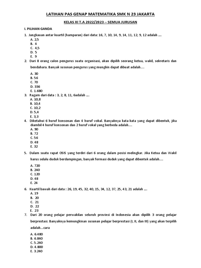 Latihan Pas Genap Matematika Xi - 2022-2023 | PDF