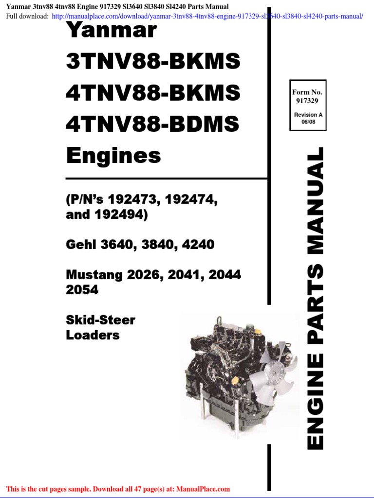 Yanmar 3tnv88 4tnv88 Engine 917329 Sl3640 Sl3840 Sl4240 Parts Manual ...