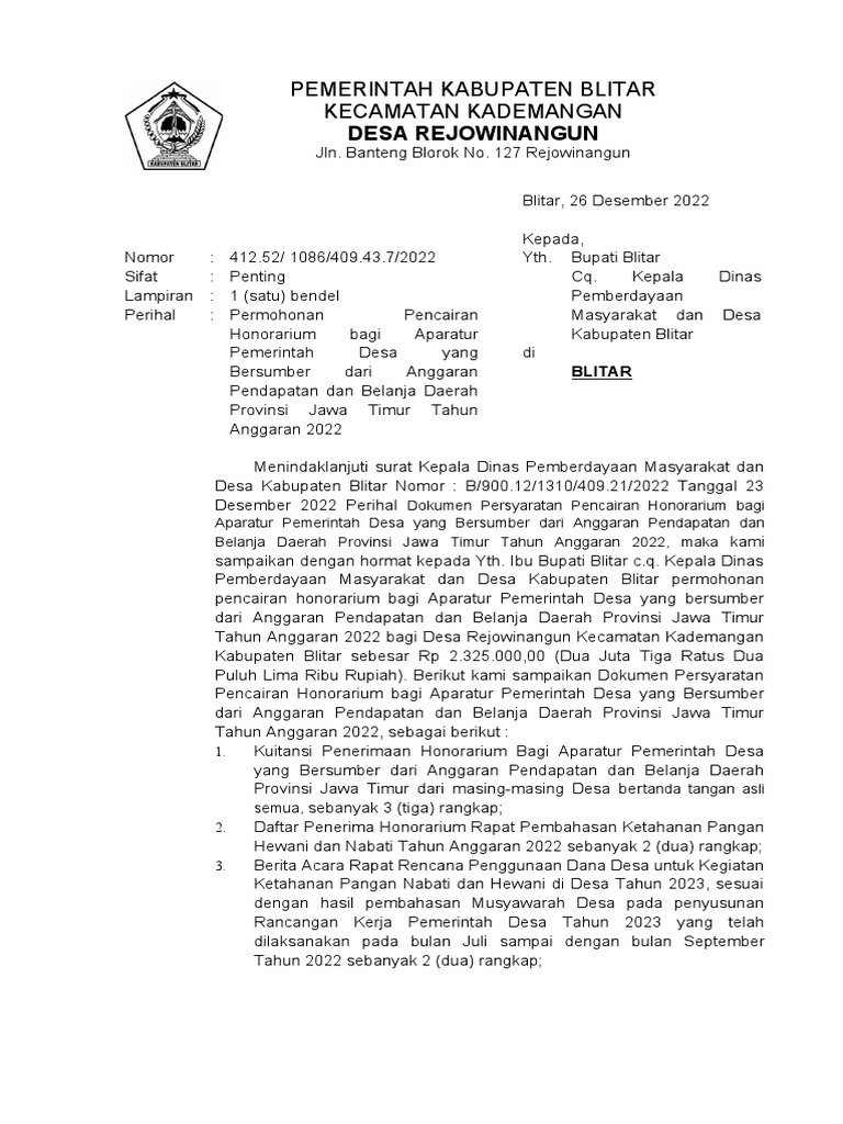Edit CONTOH FORMAT TERKAIT PENCAIRAN BK HONORARIUM DATA APARATUR DESA | PDF