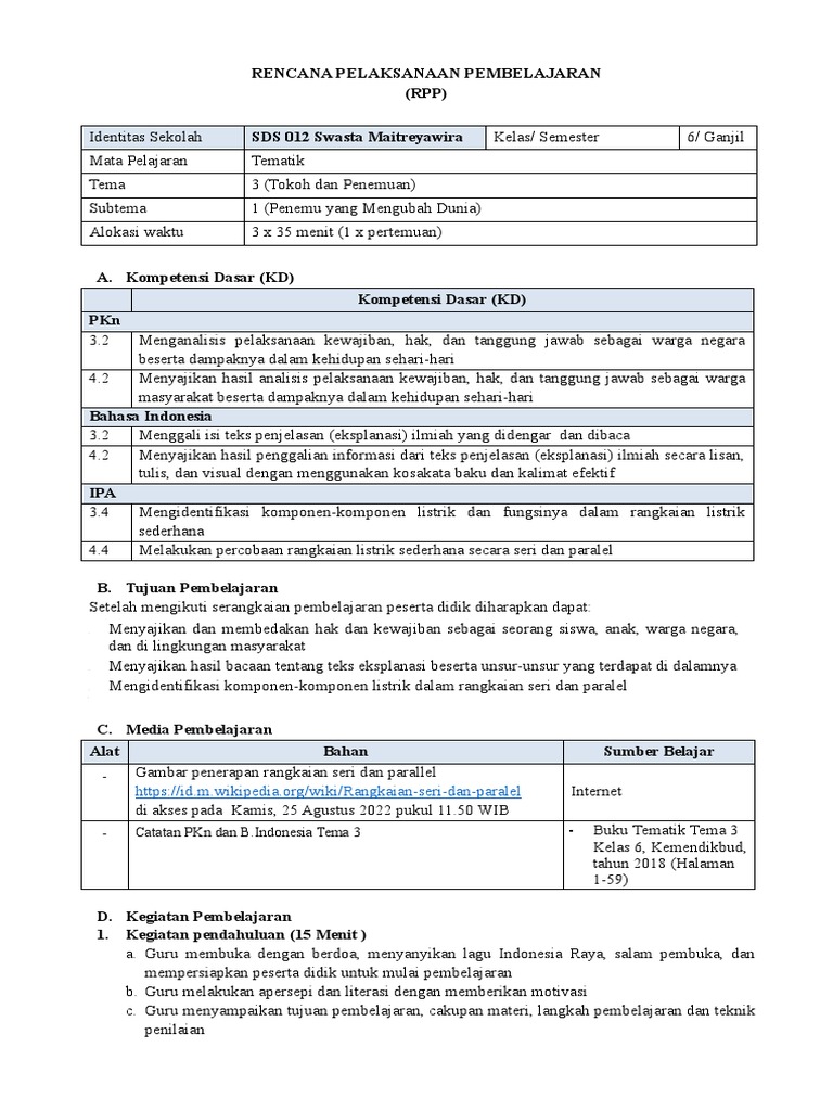 RPP Tema 3 Kelas 6 | PDF