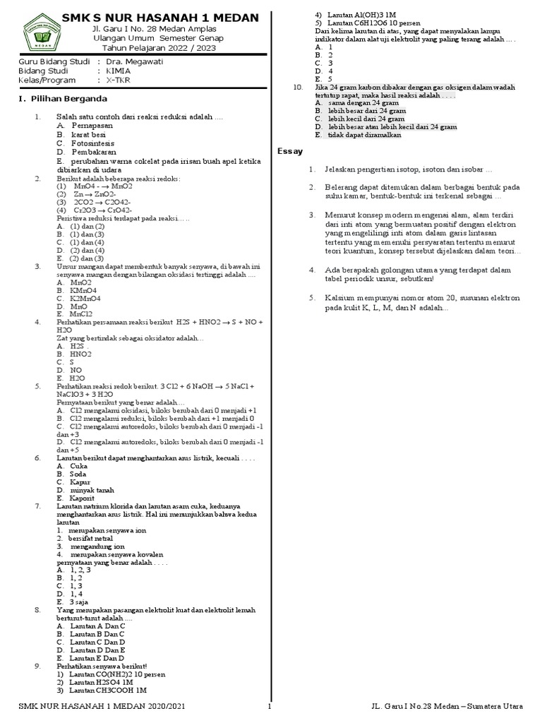 Soal Kimia Kelas 10 Semester Genap 2023 | PDF