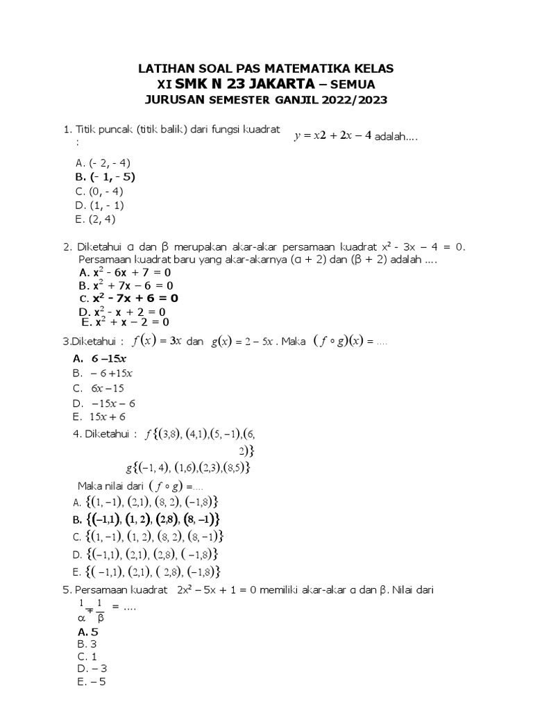 Latihan Soal Pas Matematika Kelas Xi-1 | PDF