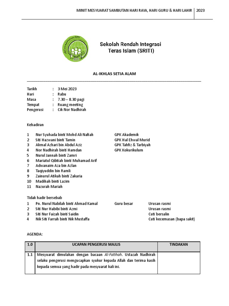 Minit Mesyuarat Sambutan Hari Raya | PDF