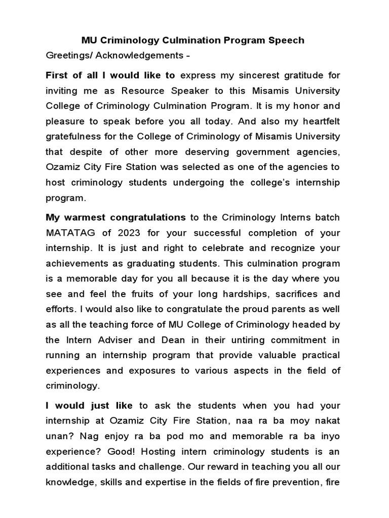 Criminology Culmination Program Speech 2023 | PDF