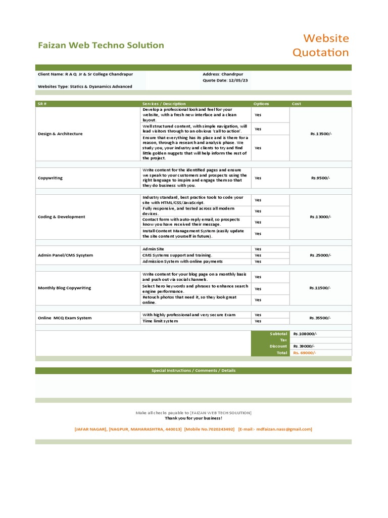 Website Quotation for R A Q College | PDF