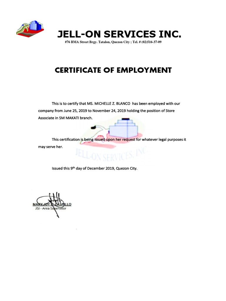 Jell-On Services Inc.: Certificate of Employment | PDF