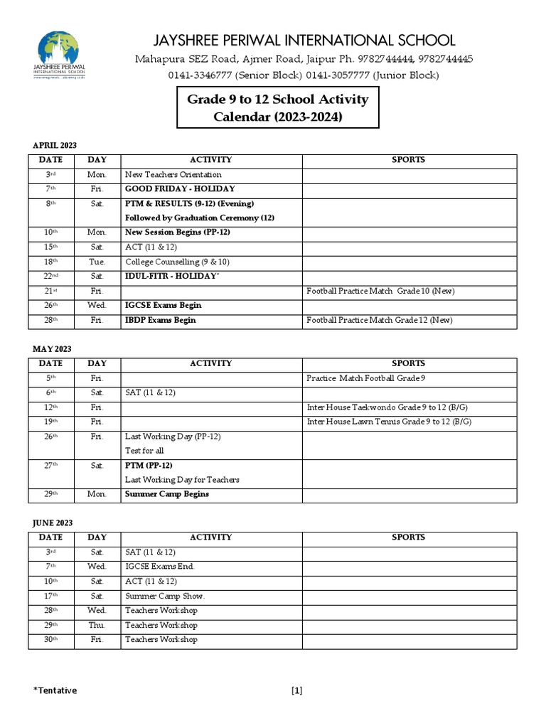Activity Calendar - 9-12 - 2023-2024-4 | PDF