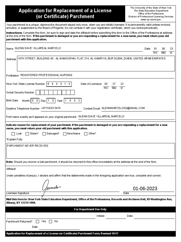 NY License Parchment Replacement Form | PDF | Licensure