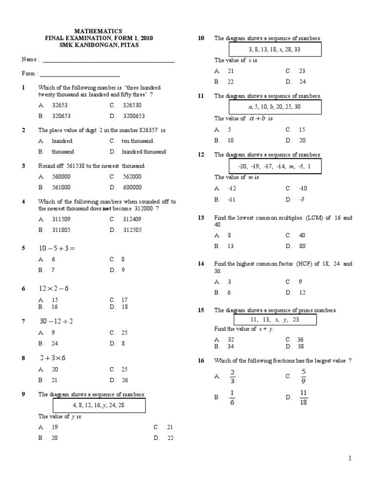 Form 1 Mathematics Exam 2010 | PDF | Numbers | Mathematical Notation
