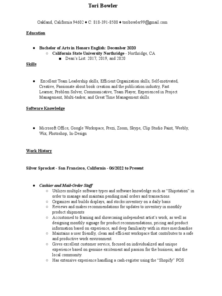 Tori Bowler Resume | PDF | Proofreading | Point Of Sale