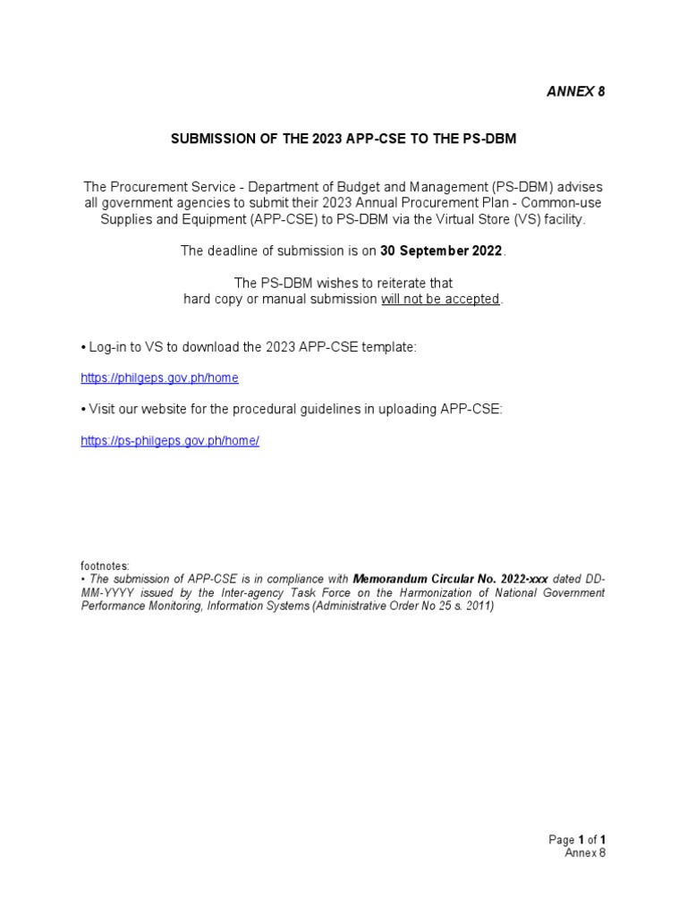 Annex 8 - Submission of The FY 2023 APP-CSE To PS-DBM | PDF | Finance & Money Management