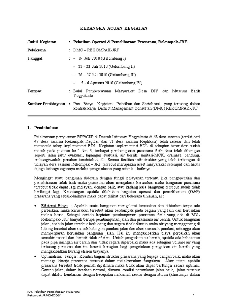 KAK PELATIHAN PEMELIHARAAN PRASARANA - Yk | PDF