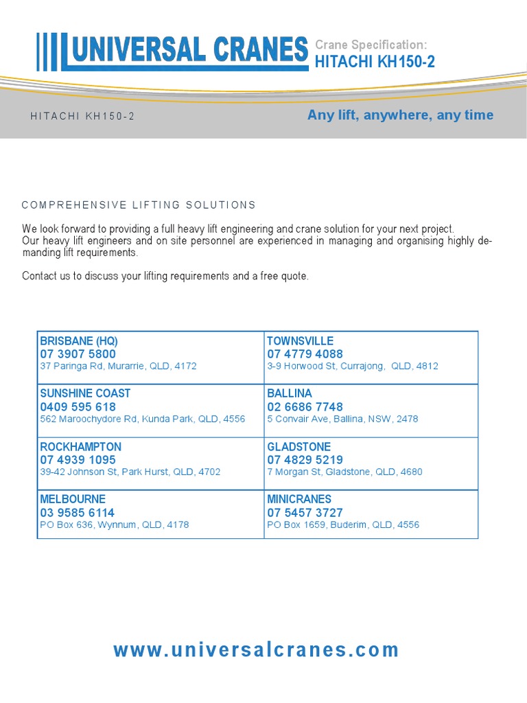 Hitachi KH150-2 - Loading Chart | PDF