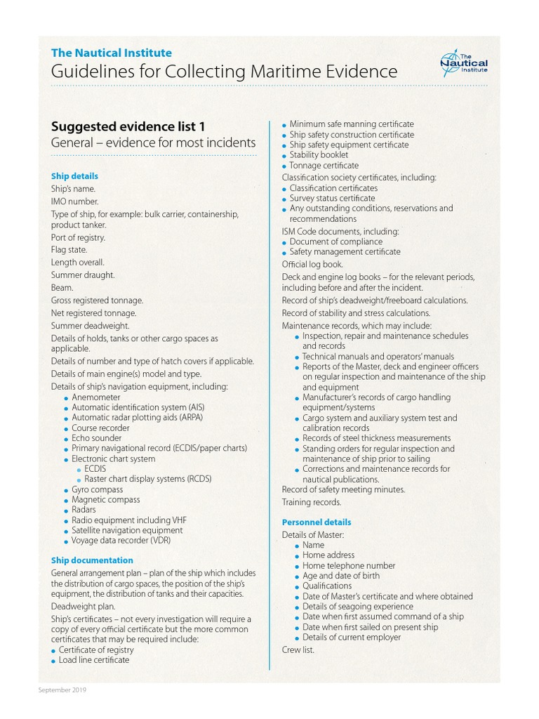 Guidelines For Collecting Maritime Evidence Checklists | PDF