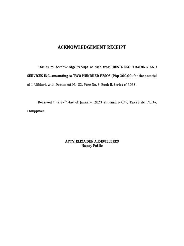 Acknowledgement Receipt | PDF | Receipt | Notary Public