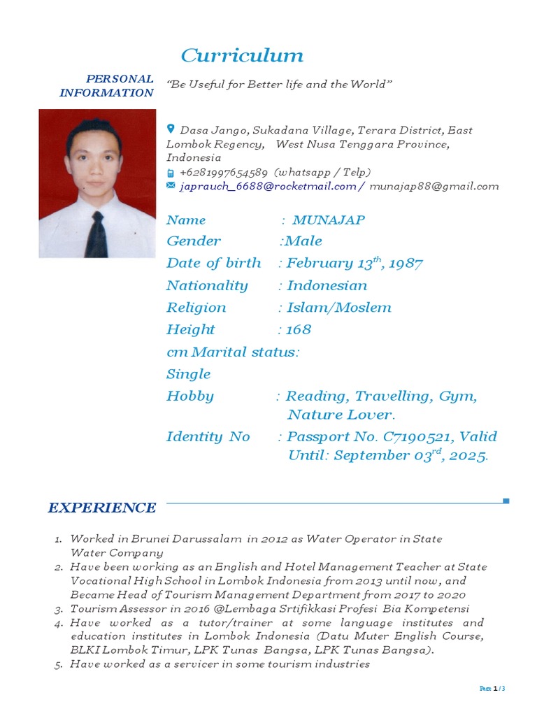 Curriculum Vitae: Name: Munajap | PDF | Indonesia
