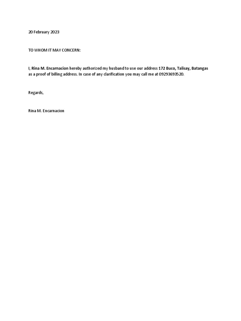 Authorization Letter Proof Of Billing PDF