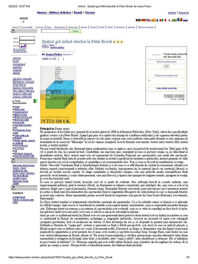 Articol - Spațiul Gol Infinit Deschis La Peter Brook de Ioana Petcu | PDF