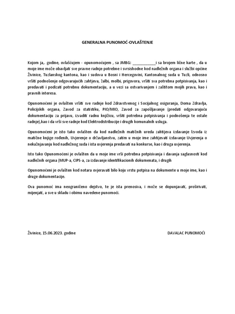 Generalna punomoc Sahim | PDF