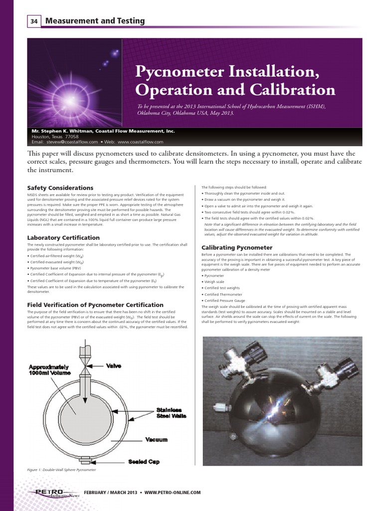 Pycnometer Installation Operation and Calibration | PDF