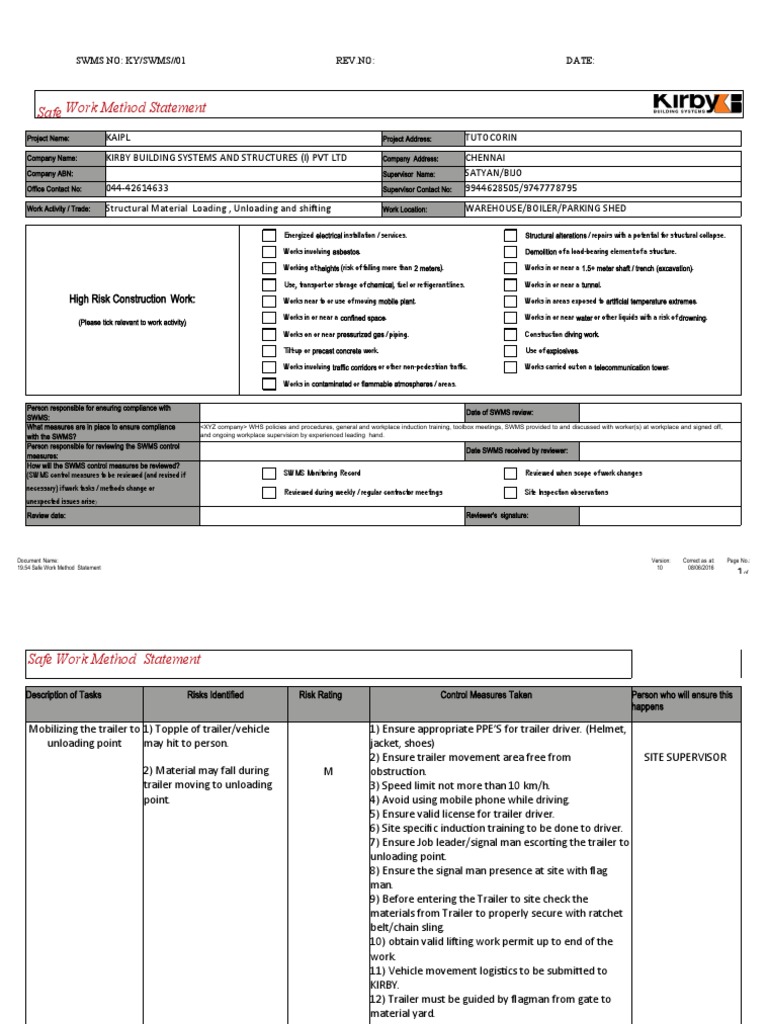 SWMS 1 Loading, Unloading & Shifting | PDF | Crane (Machine) | Trailer ...