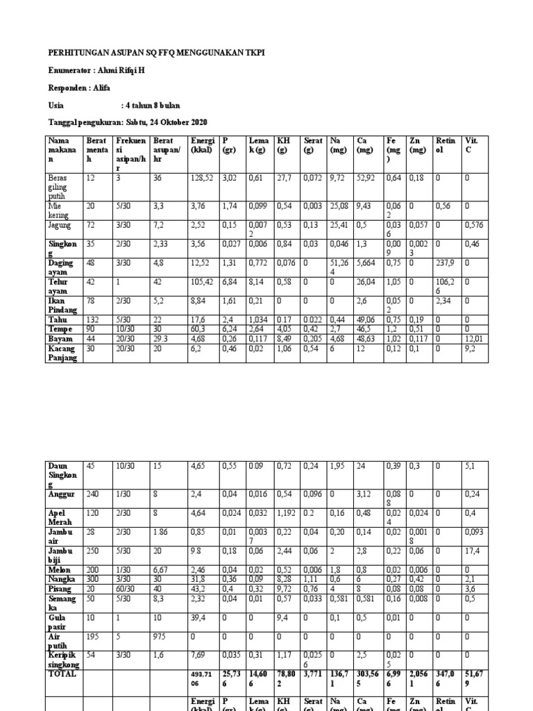 Perhitungan Asupan SQ FFQ Menggunakan Tkpi | PDF