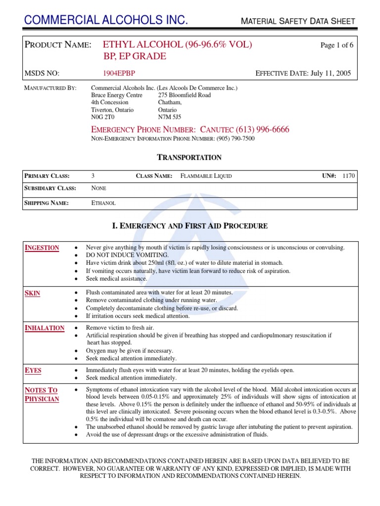 DE-MSDS-0002 (MTC) Ethyl Alkohol (96 - 96.6% VOL) BP, EP Grade ...