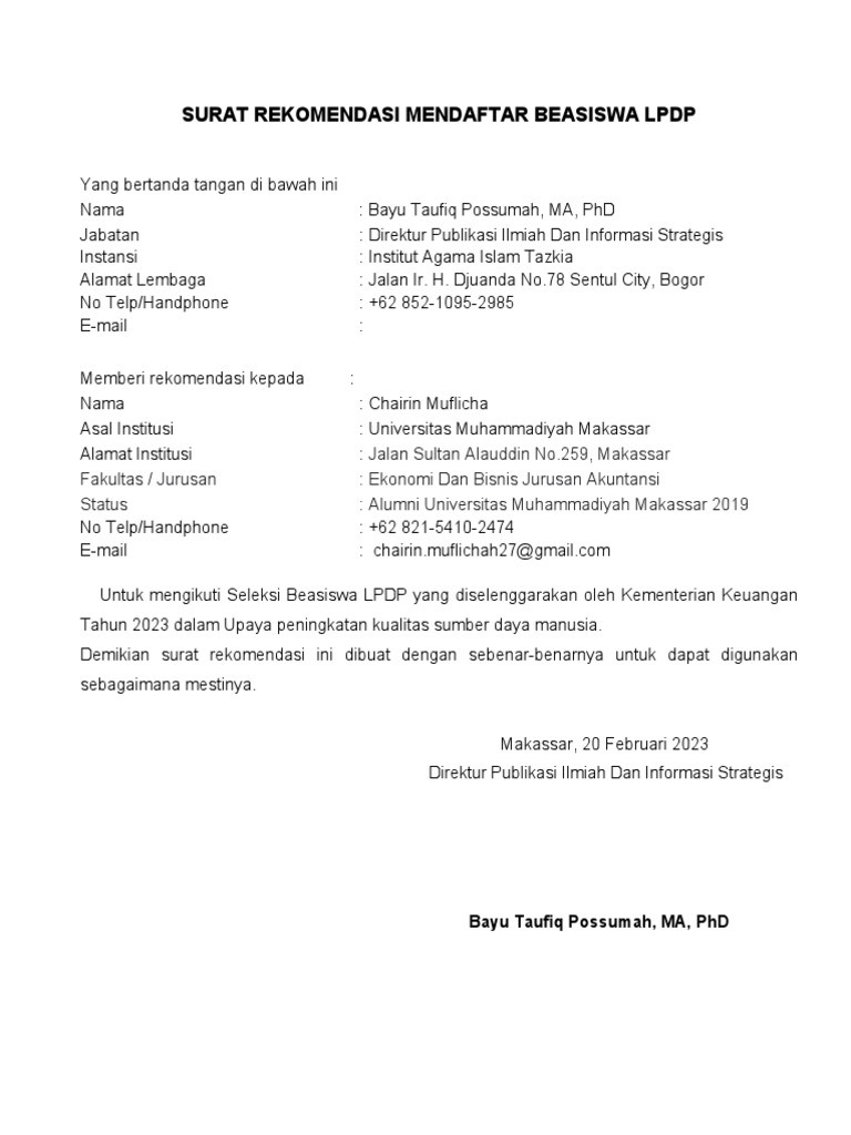 Surat Rekomendasi Mendaftar Beasiswa Lpdp(1) | PDF
