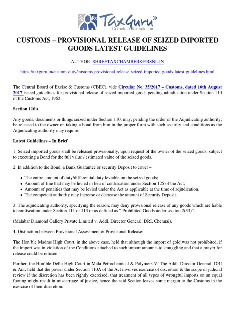 Customs – Provisional Release of Seized Imported Goods Latest ...