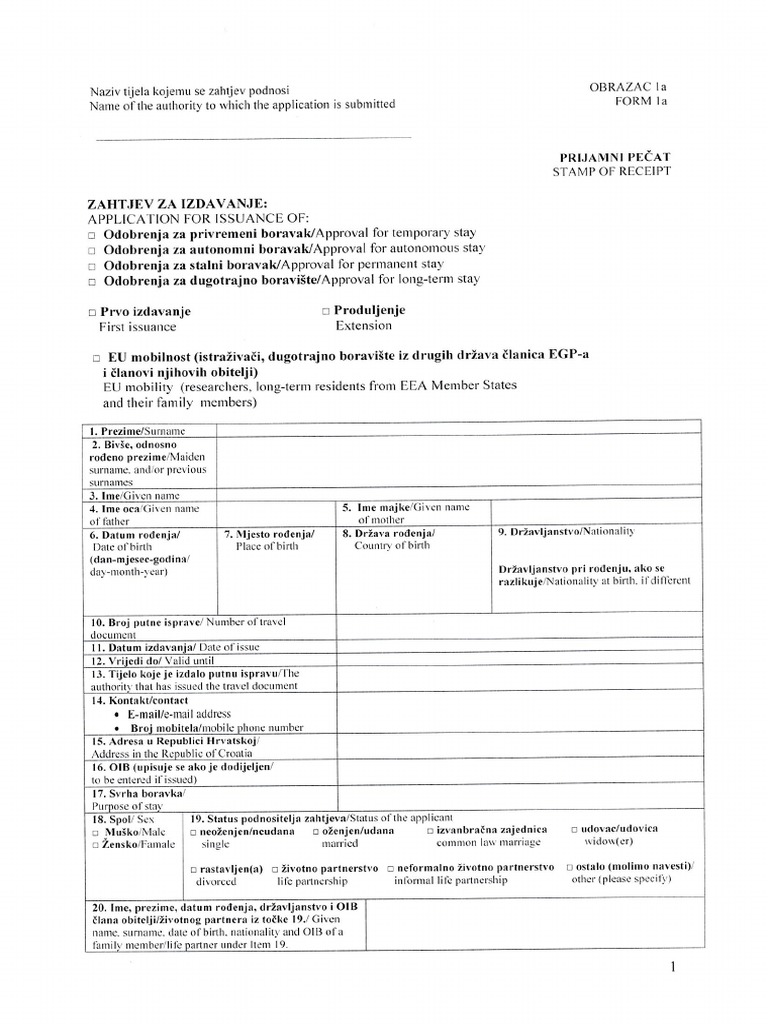 Obrazac 1a Zahtjev Za Privremeni Autonomni Stalni Boravak I Dugotrajno ...