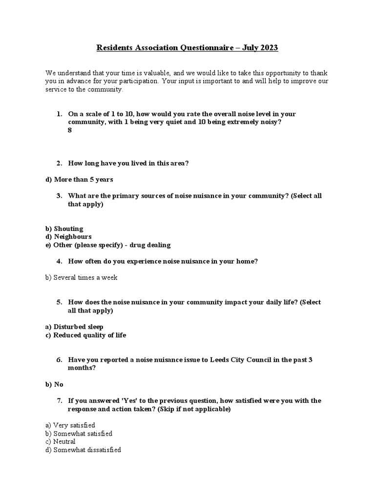 Residents Association Noise Survey 2023 | PDF | Career & Growth | Games ...