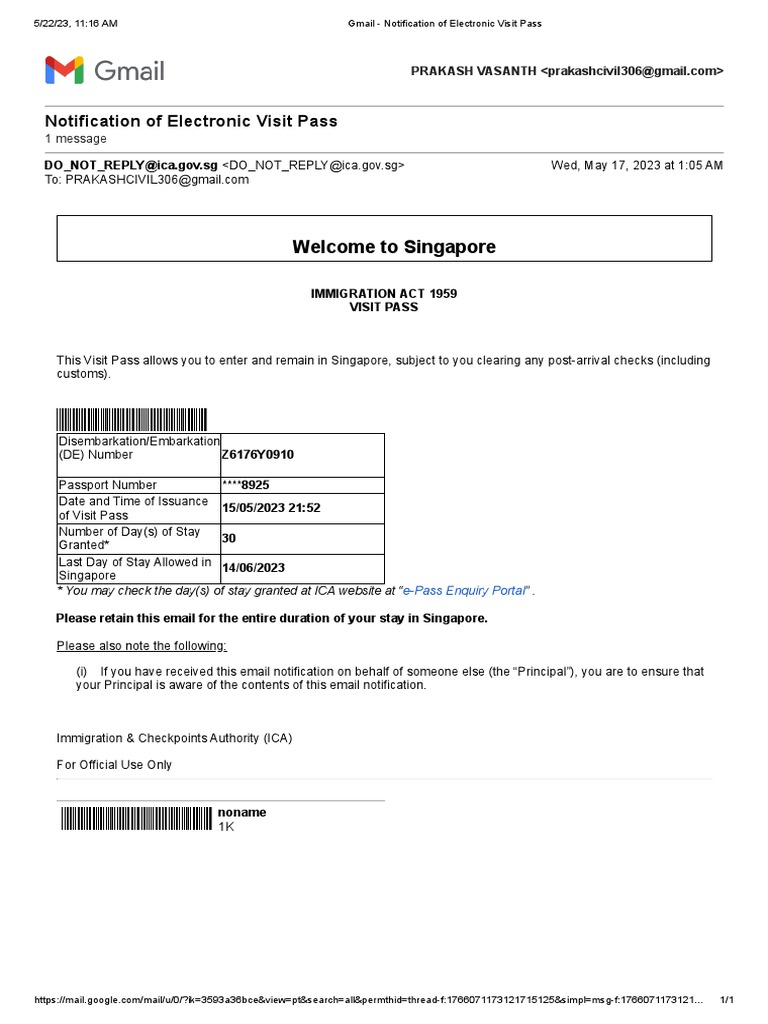 Gmail - Notification of Electronic Visit Pass | PDF