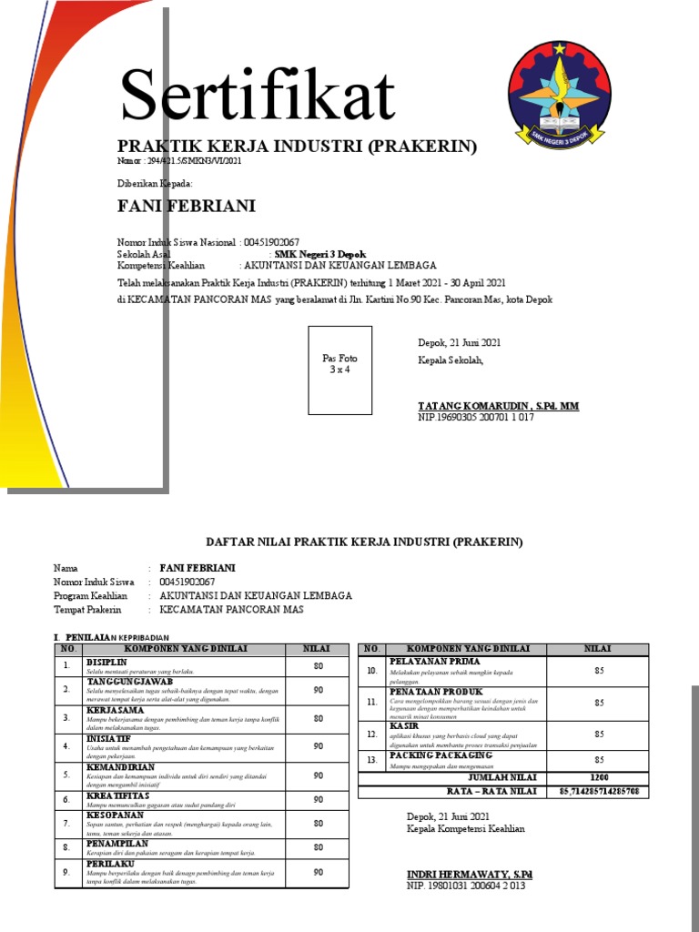 SERTIFIKAT PRAKERIN SMKN3 Jurusan BDP | PDF