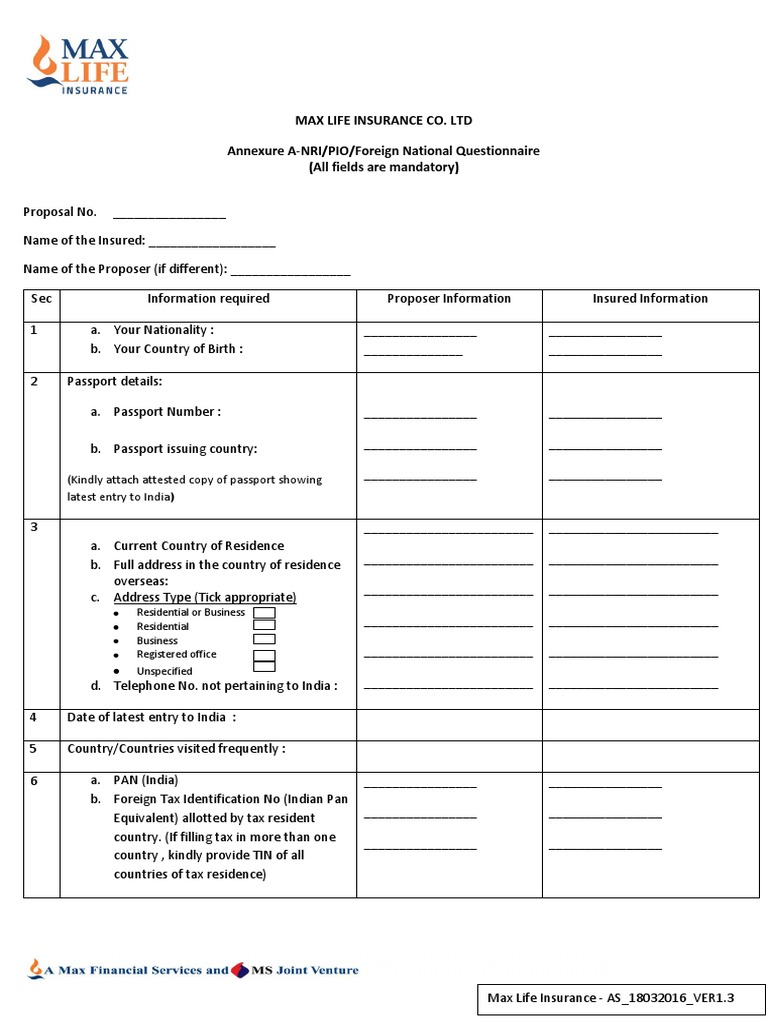 NRI_Questionnaire_form__Max_Life | PDF | Identity Document | Government And Personhood