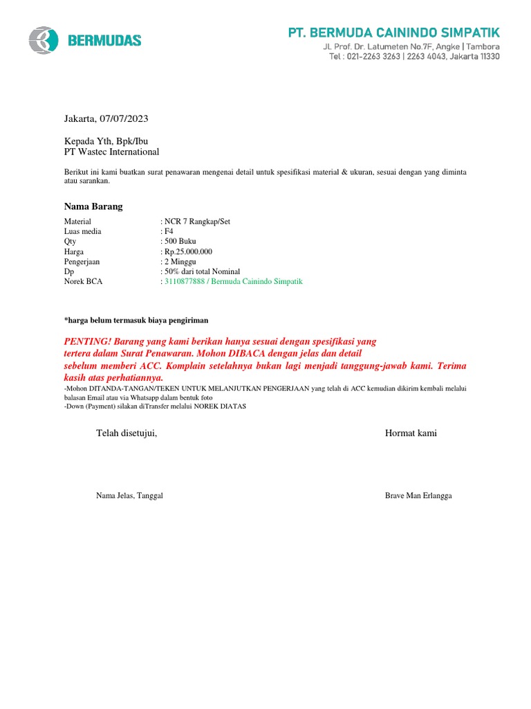 Penawaran PT Wastec Cetak 500 Buku NCR 7 Rangkap | PDF