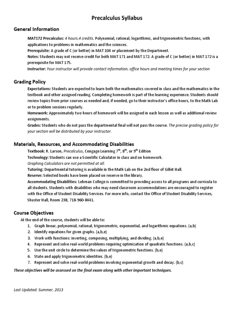 Pre Calculus Syllabus | Download Free PDF | Trigonometric Functions ...