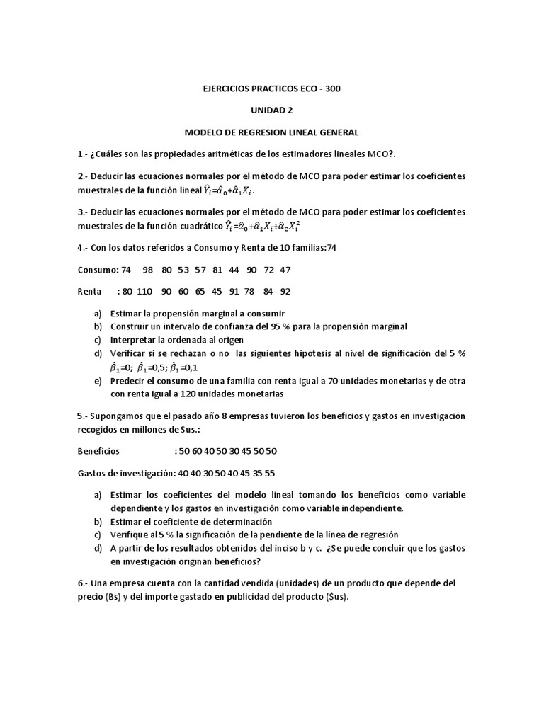 Ejercicios de Regresión Lineal | PDF | Mínimos cuadrados ordinarios | Análisis de regresión