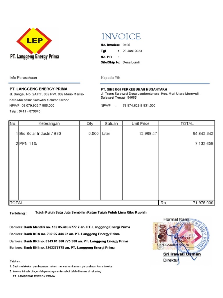 Invoice PT. Sinergi PN 5kl TGL 26 Juni 2023 | PDF