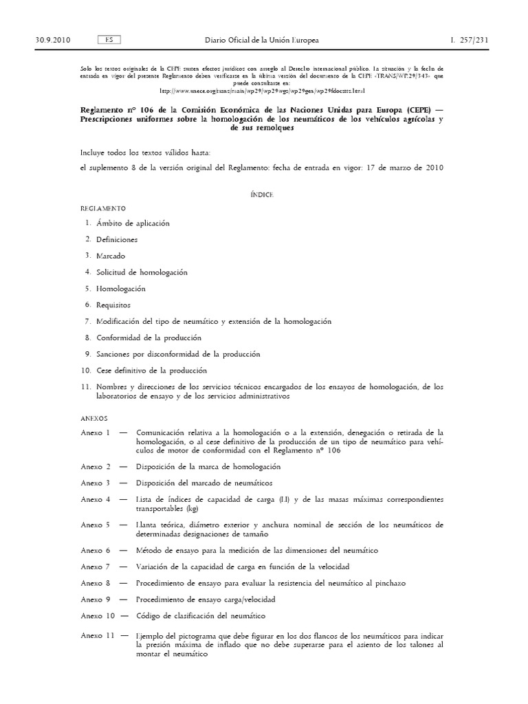 Regl 106 - Hom de Neum Veh Agr y Sus Remolques 253 - 271 | PDF | Neumático | Eje