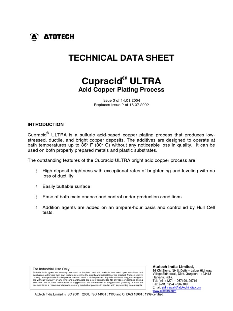 Atotech Cupracid Ultra A | PDF