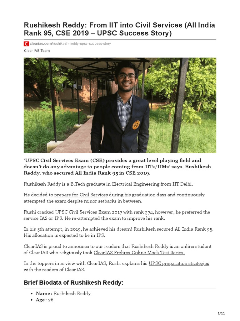 Rushikesh Reddy From IIT Into Civil Services All India Rank 95 CSE 2019 UPSC Success Story | PDF
