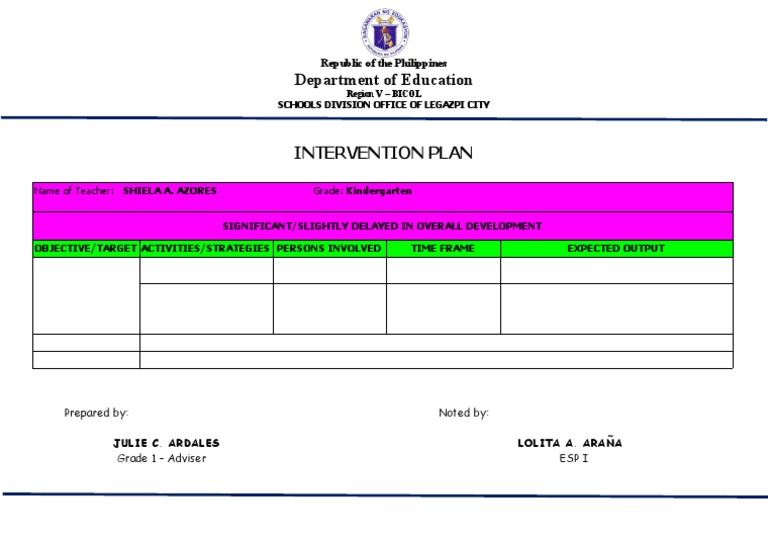 Intervention Plan - KINDERGARTEN | PDF