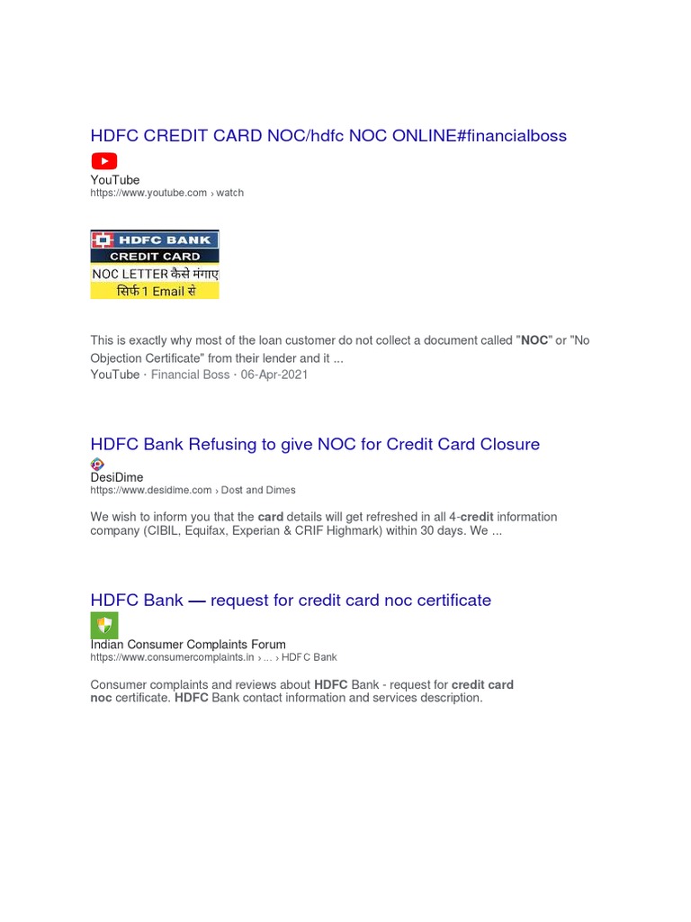 HDFC Credit Card Noc/Hdfc Noc Online#Financialboss: Youtube | PDF